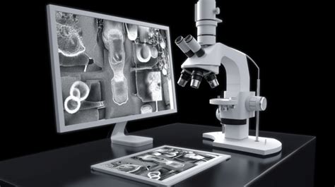 Robotic Arm Utilizing Microscope With Display Screen In 3d Rendering Background Lab Technician