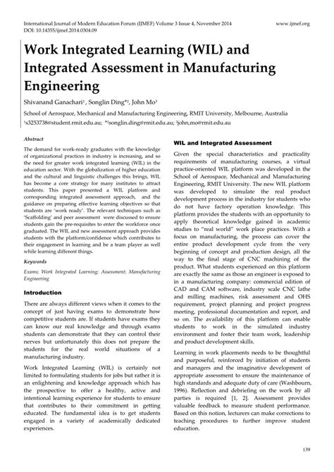 Pdf Work Integrated Learning Wil And Integrated Assessment In Manufacturing Engineering