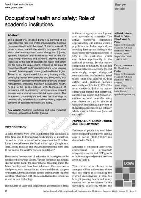 (PDF) Occupational health and safety: Role of academic institutions