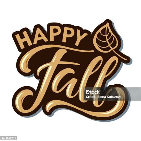 스티커 해피 가을 하얀 배경에 떨어지는 잎이있는 가을 손 글자 벡터 서예 일러스트레이션 포스터 카드 배지 인쇄를위한 가을 가을