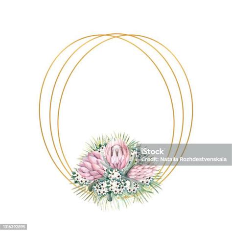 프로테아 꽃 열대 잎 야자수 잎 부바르디아 꽃 타원형 골드 프레임 세련된 초대장의 디자인을위한 프레임에 웨딩 꽃다발 수채화 일러스트레이션 0명에 대한 스톡 벡터 아트 및