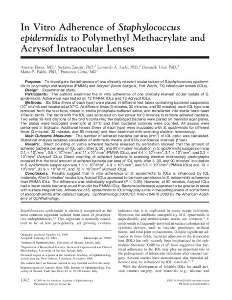 Pdf In Vitro Adherence Of Staphylococcus Epidermidis To Polymethyl Methacrylate And Acrysof