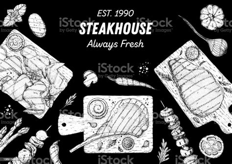 스테이크 하우스 메뉴 바베큐 그릴 음식 스케치 메뉴 디자인 템플릿입니다 구운 고기와 야채 프레임 벡터 그림입니다 새겨진 디자인 손으로 그린 그림 벡터에 대한 스톡 벡터 아트