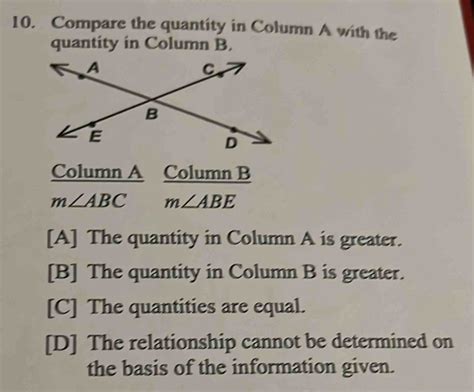 Compare The Quantity In Column A With The Quantity In Column B Column A Column B M A Algebra