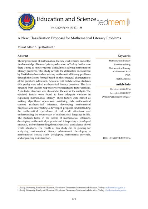 Pdf A New Classification Proposal For Mathematical Literacy Problems