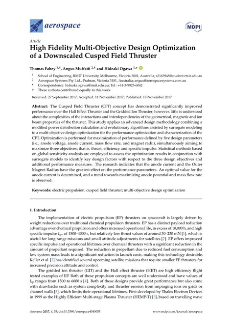 Pdf High Fidelity Multi Objective Design Optimization Of A Downscaled Cusped Field Thruster