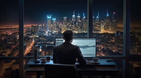premium ai image stock trader man using multiple monitors back view