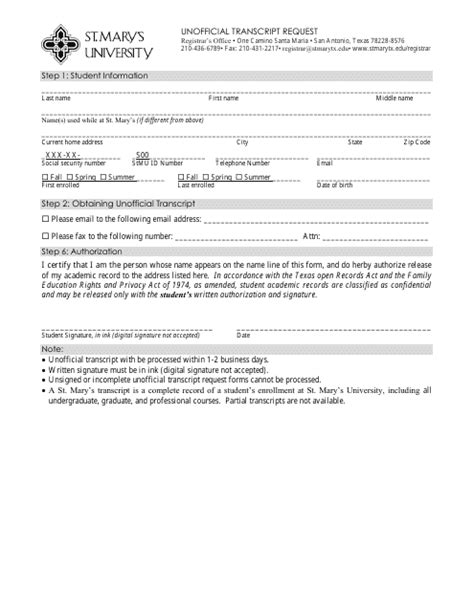 San Antonio Texas Unofficial Transcript Request Form St Marys University Fill Out Sign