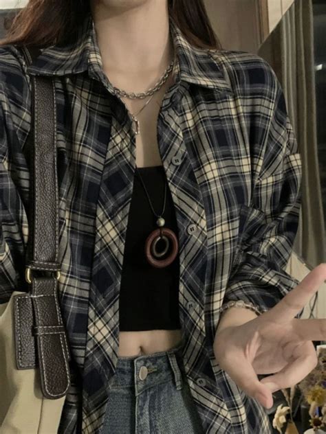 유투미월드 ♥당일 출고♥ 레트로 긴 소매 격자 무늬 셔츠 여성 중간 길이 착용 봄과 가을 스타일
