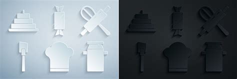 요리사 모자 주방 거품기 및 롤링 핀 주걱 우유 캔 용기 불타는 촛불 아이콘이 있는 사탕 및 케이크를 설정합니다 벡터 3차원 형태에 대한 스톡 벡터 아트 및 기타 이미지