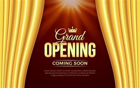 고급 황금색 실크 커튼과 3d 편집 가능한 텍스트 효과를 갖춘 현실적인 그랜드 오프닝 초대 배너 프리미엄 벡터