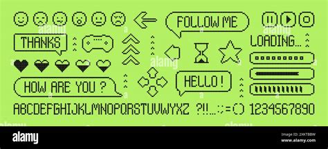 Set Of Pixel Dialogue Boxes Font Alphabet Letters And Numbers Black Chat Speech Bubbles