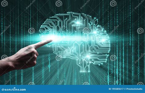 Human Hand Touching Digital Brain In Circuit Style Over Binary Code Background Stock Image