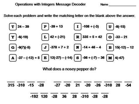 operations with integers activity math message decoder teaching