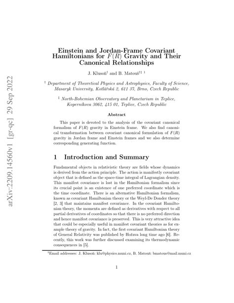 Pdf Einstein And Jordan Frame Covariant Hamiltonians For F R Gravity