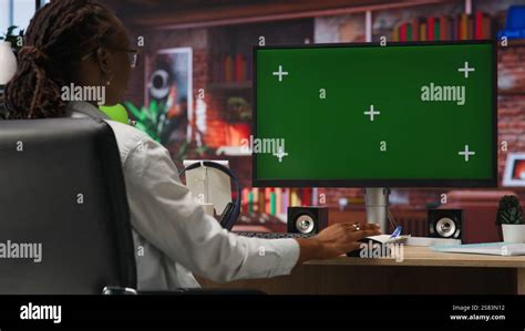 Teleworker Using Green Screen Pc In Home Office To Write Emails Remote Worker Typing On Mockup