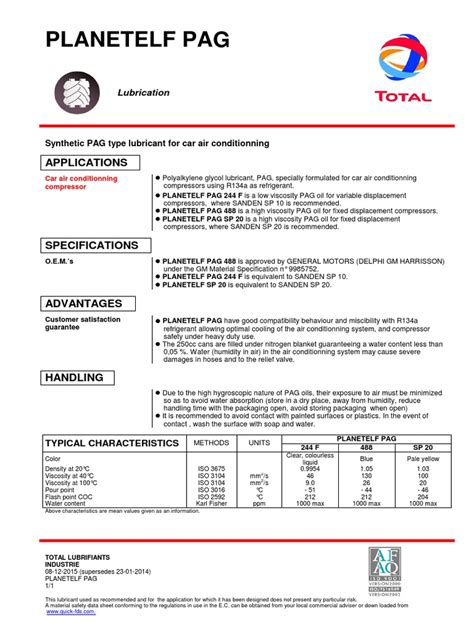 Planetelf PAG PDF | PDF | Air Conditioning | Lubricant