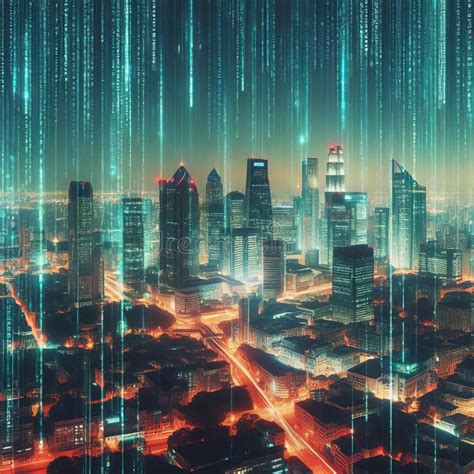 Matrix Code Cityscape Overlay A City View With Falling Matrix Co Stock Image Image Of Code