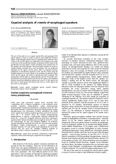 Pdf Cepstral Analysis Of Vowels Of Esophageal Speakers Leszek Radziszewski
