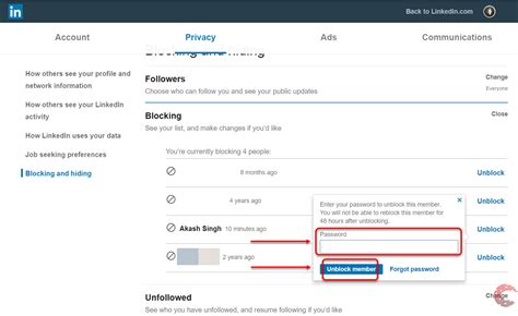 how to block and unblock someone on linkedin