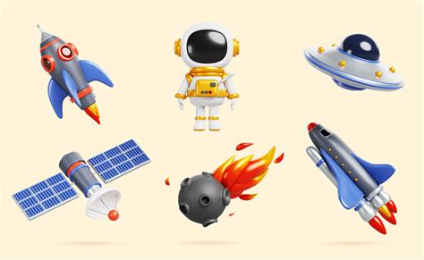 3d 우주 왕복선 우주 비행사 로켓 Ufo 외계 우주선 및 불을 가진 유성 만화 렌더링 귀여운 우주 비행사 캐릭터 인공 지구
