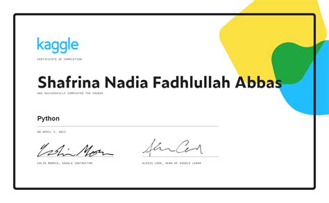 Shafrina Nadia Fadhlullah Abbas Completed The Python Course On Kaggle
