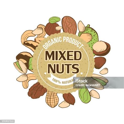 견과류로 포장하기위한 스티커 둥근 프레임에 색깔의 견과류의 스케치와 중앙에 둥근 크래프트 스티커 혼합 견과류 피스타치오 아몬드 캐슈 땅콩 헤이즐넛 마카다미아 건강한 식생활에