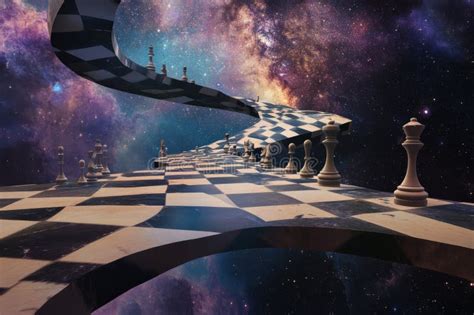 a floating chessboard in a cosmic void where pieces move on their own