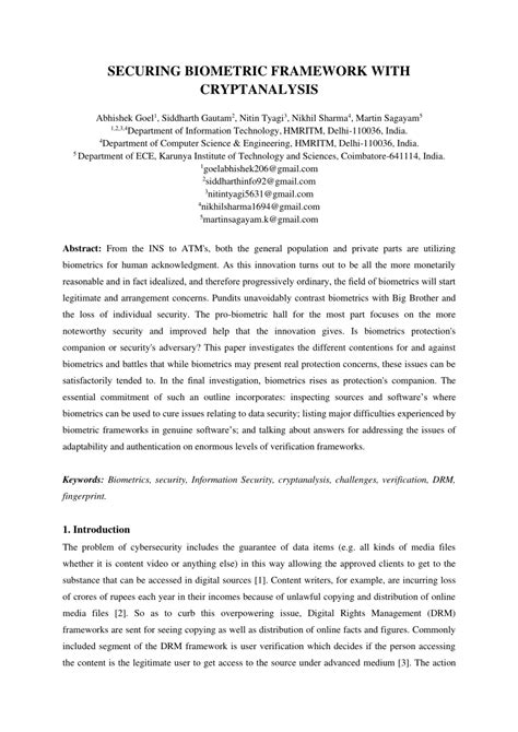 PDF Securing Biometric Framework With Cryptanalysis