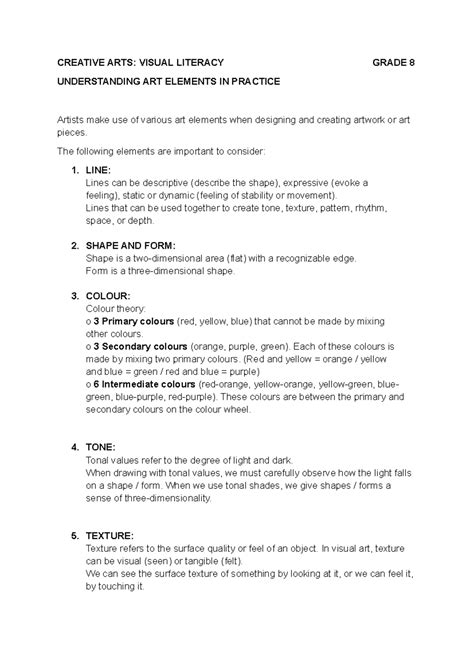 Creative Arts Grade 8 Art Elements Creative Arts Visual Literacy