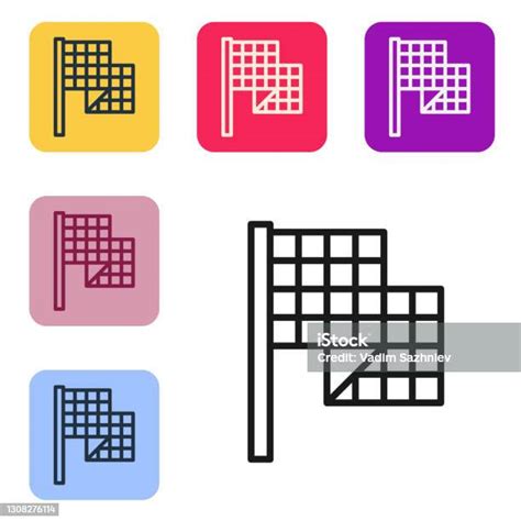 흰색 배경에 격리 된 검은 줄 체크 표시 플래그 아이콘 경주 플래그 색상 정사각형 단추로 아이콘을 설정합니다 벡터 Championship에 대한 스톡 벡터 아트 및 기타