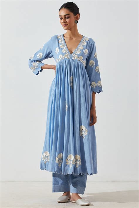 Powder Sky Blue And Ivory Mirror Embroidered Kurta Set By Label Earthen