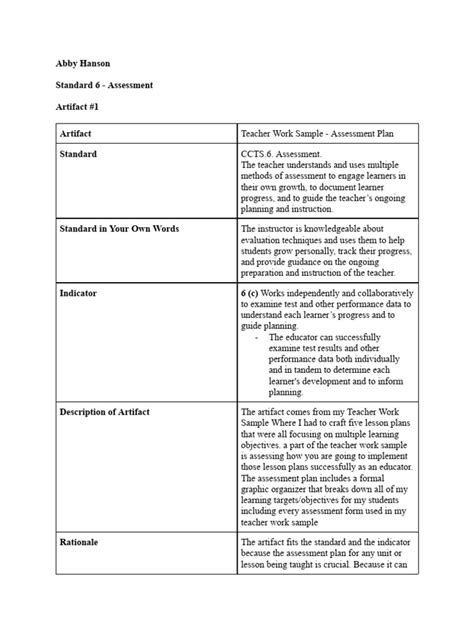 standard 6 artifacts rationales pdf educational assessment learning