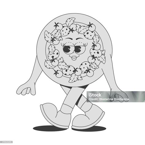 페퍼로니 토마토 바질을 곁들인 펑키한 라운드 피자 캐릭터로 트렌디한 복고풍 그루비 스타일 사이키델릭 워킹 패스트 푸드 마스코트 와 와 얼굴 손 그리고 다리 검은색 단색
