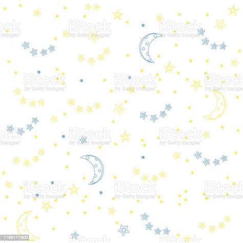 달과 별 밤 하늘 배경입니다 벡터 원활한 텍스처 흰색 배경에 파란색과 노란색 노란색 노란색 평면 선 별 귀여운에 대한 스톡 벡터 아트 및 기타 이미지 Istock