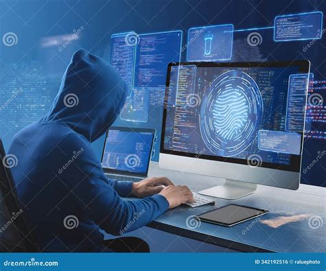 Cybersecurity Threat Hacker Using Fingerprint Biometric Data For Malicious Intent Stock