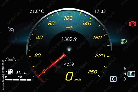 Vector Illustration Of Car Dashboard Panel Including Speedometer With Red Needle Odometer Fuel