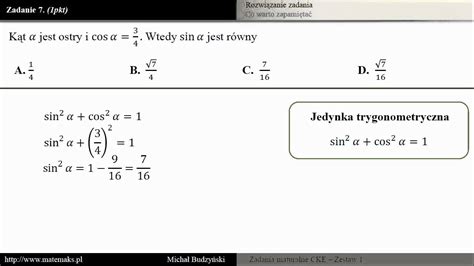 Zadanie 7 Matura Z Matematyki Jedynka Trygonometryczna Zestaw 1