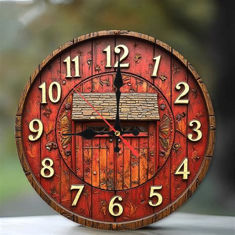 Red Barn Wood Wall Clock Rustic Farmhouse Decor 10 Inch Silent Wooden