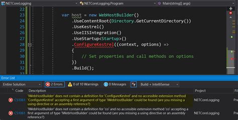 NETCore IWebHostBuilder Does Not Contain A Definition For ConfigureKestrel And No