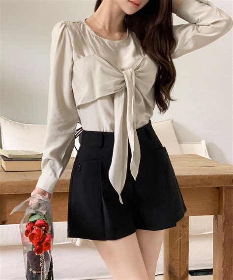 러브썸원 사론 리본 뷔스티에 레이어드 쉬폰 긴팔 블라우스