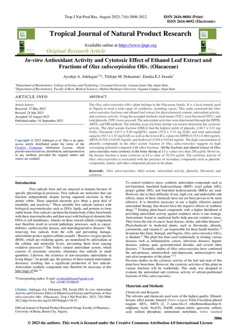 Pdf In Vitro Antioxidant Activity And Cytotoxic Effect Of Ethanol Leaf Extract And Fractions