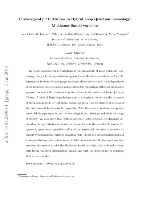 Pdf Cosmological Perturbations In Hybrid Loop Quantum Cosmology Mukhanov Sasaki Variables