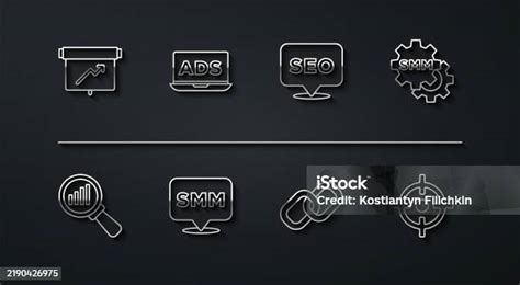 그래프 차트 돋보기 및 분석 소셜 미디어 마케팅 체인 링크 광고 대상 스포츠 및 Seo 최적화 아이콘이있는 라인 보드를 설정합니다 벡터 0명에 대한 스톡 벡터 아트 및 기타