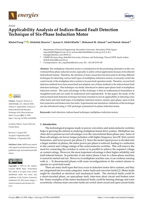 Pdf Applicability Analysis Of Indices Based Fault Detection Technique Of Six Phase Induction Motor