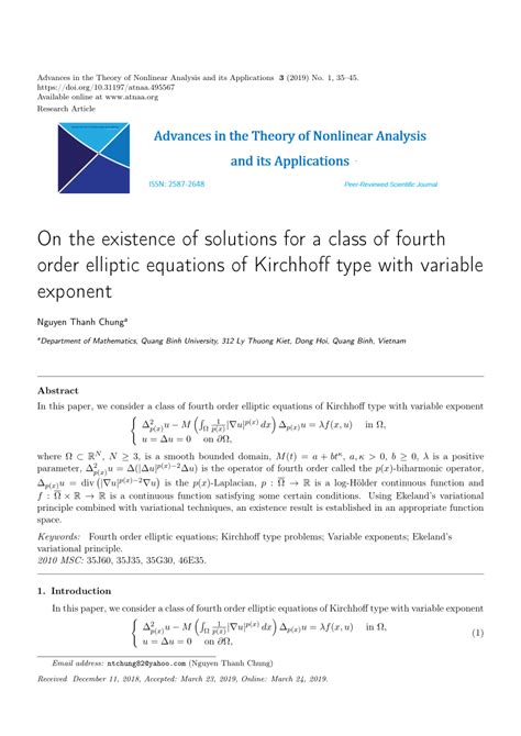 Pdf On The Existence Of Solutions For A Class Of Fourth Order Elliptic Equations Of Kirchhoff