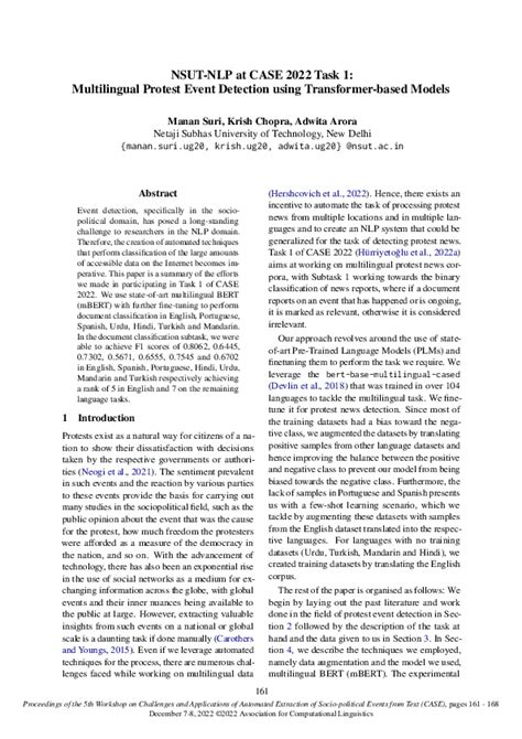 Pdf Nsut Nlp At Case 2022 Task 1 Multilingual Protest Event Detection Using Transformer Based