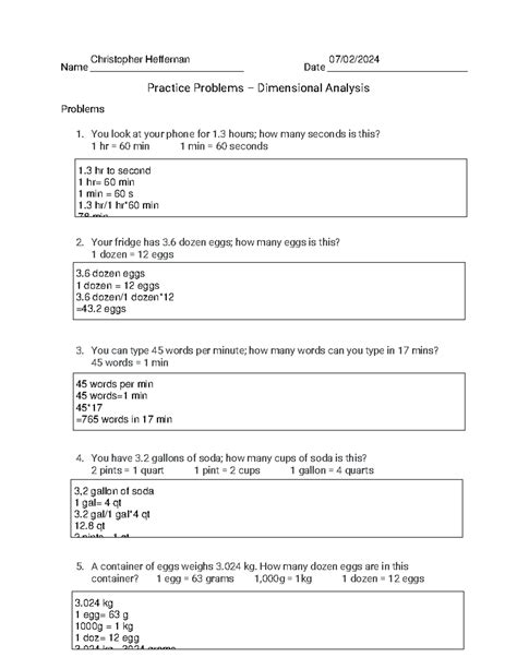 Practice Problems Dimensional Analysis Name Date Practice Problems Dimensional Analysis