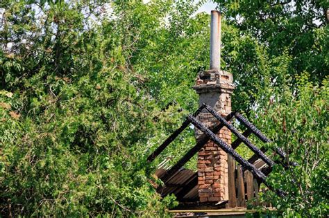 Dilapidated Brick Chimney Amid Lush Greenery And Overgrown Trees Burnt