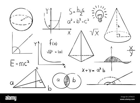 Math Geometry Graph And Shapes On Blackboard Background Set Science Doodle Hand Drawn Sketch